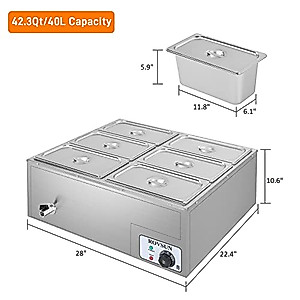 ROVSUN 42.3QT 1200W Electric Commercial Food Warmer, 6-Pan Steam Table 6.9 QT/Pan Stainless Steel Bain Marie Buffet Countertop with Temperature Control & Lid for Parties, Catering, Restaurants 110V