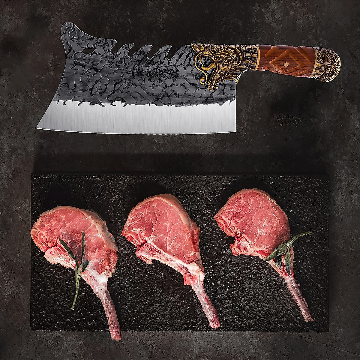 ROCOCO Meat Cleaver Bundle with Multifunctional Boning Butcher Knife Outdoor Viking Gift Men BBQ Camping Hunting Hiking