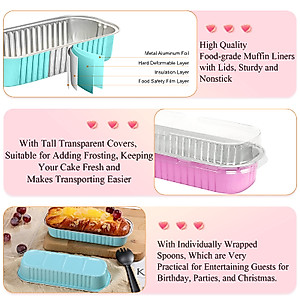 DI QIU REN 50Pack Disposable Mini Loaf Pan with Lid and Spoon, 0.42 Pound Rectangular Aluminum Silver Mini Loaf Pan for Loaf, Cake, Brownie, Cupcake