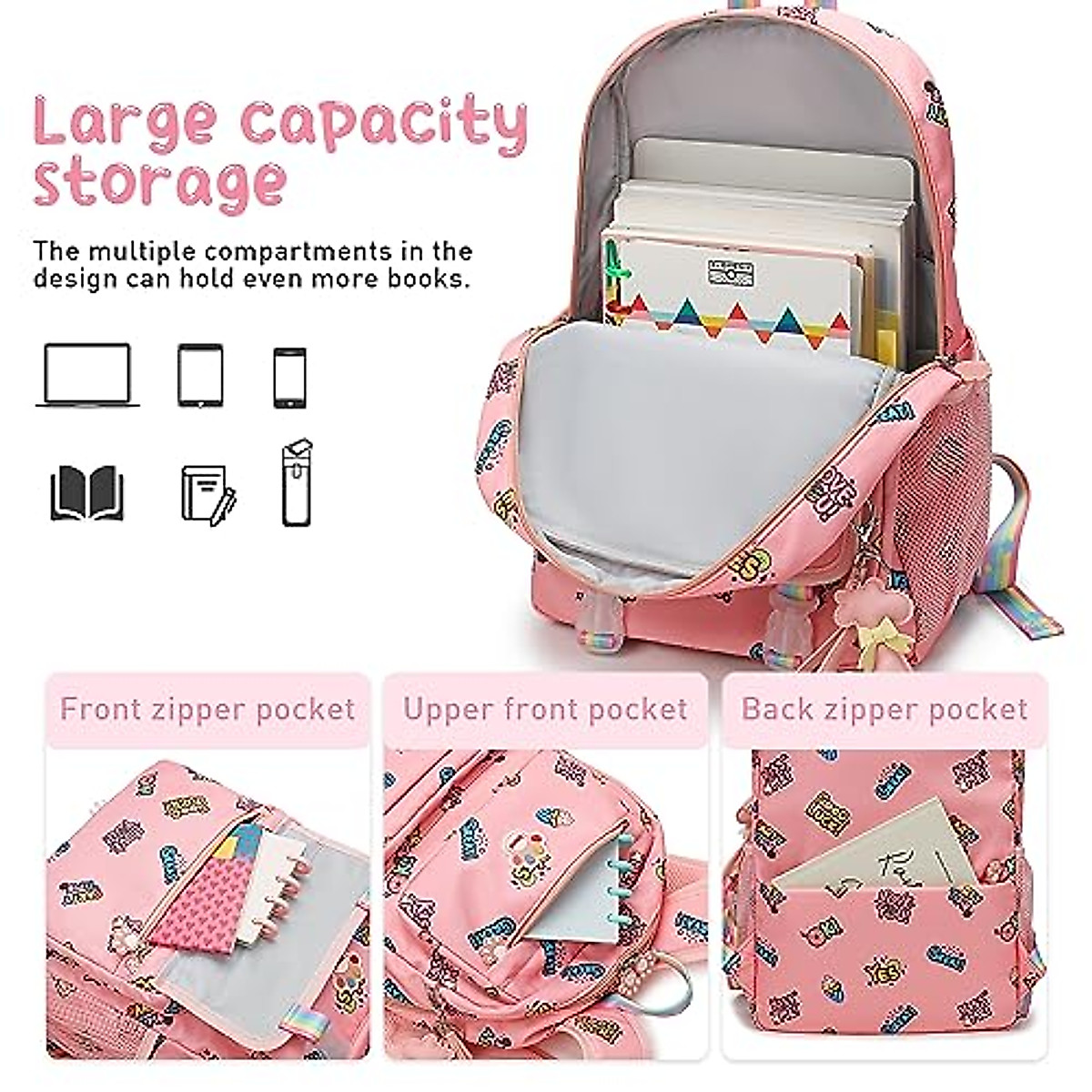 Maod Backpacks for Girls Backpack for School Suitable Ages 6-8 Kids - Pass CPSC Certified - Gift Cute Pendant (Pink)