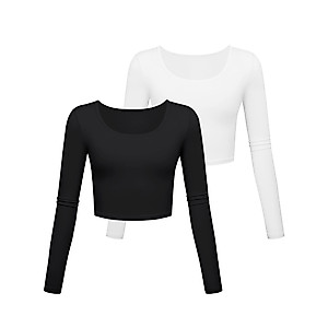 Kindcall Lightweight Yoga Crop Tops Slim Fit Long Sleeve Workout Shirts for Women 2 Pack (White Black Pack, Small)