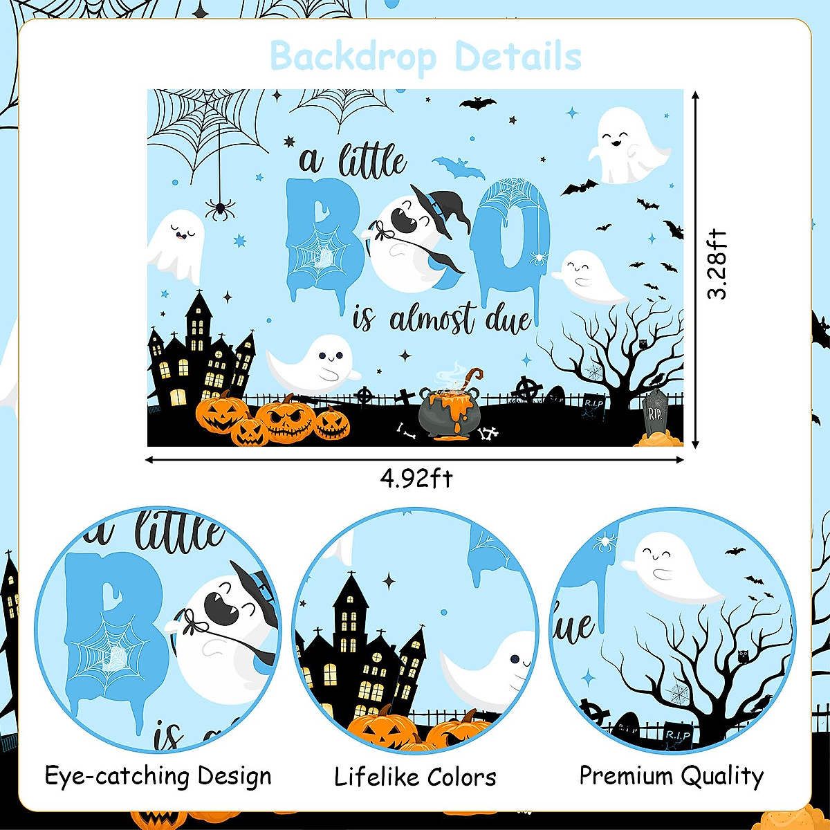Balterever A Little Boo is Almost Due Baby Shower Decor Blue Orange Halloween Baby Shower Decors for Boys with Halloween Baby Shower Backdrop Cake Topper Spider Wall Sticker for Little Boo Party Decor