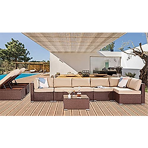 SUNVIVI OUTDOOR 9 Piece Outdoor Patio Furniture Sets, All Weather Brown PE Wicker Furniture Set, Patio Sectional Conversation Sofa Set with Coffee Table, Removable Beige Cushions