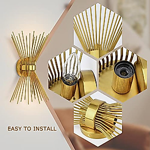 Henveton Brass Mid Century Wall Sconce Sunburst 2-Light, Modern Gold Vanity Light Wall Mount Lamp Industiral Indoor Lighting Fixture for Bathroom, Makeup Vanity, Bedroom, Living Room, Pack of 1