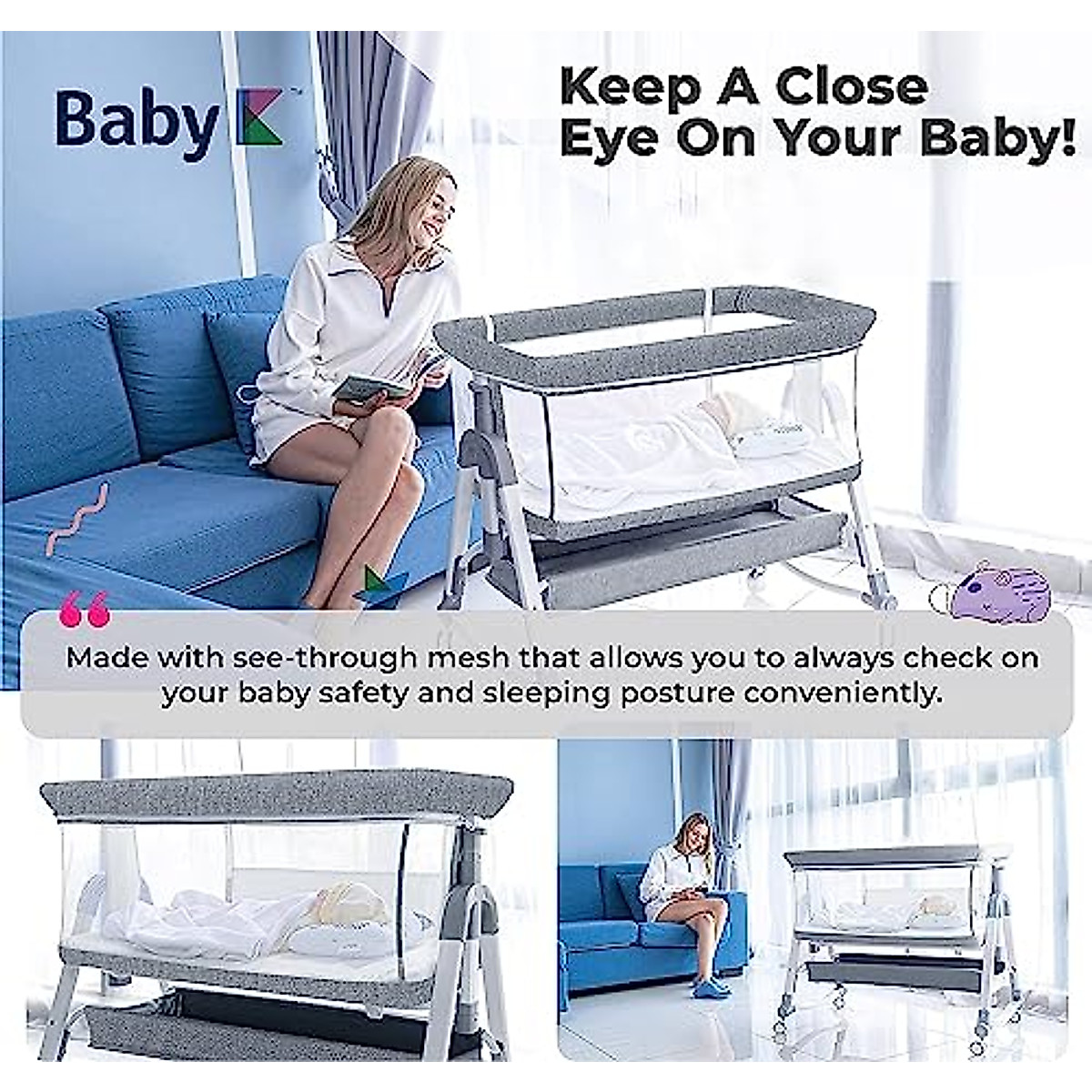 BABY K Mesh Bassinet Bedside Sleeper (Grey) - 3 in 1 Convertible Bassinet with Breathable Mesh and Mattress - Bedside Bassinet for Baby Crib Attach to Bed - Baby Co Sleeper for Bedside for Infants