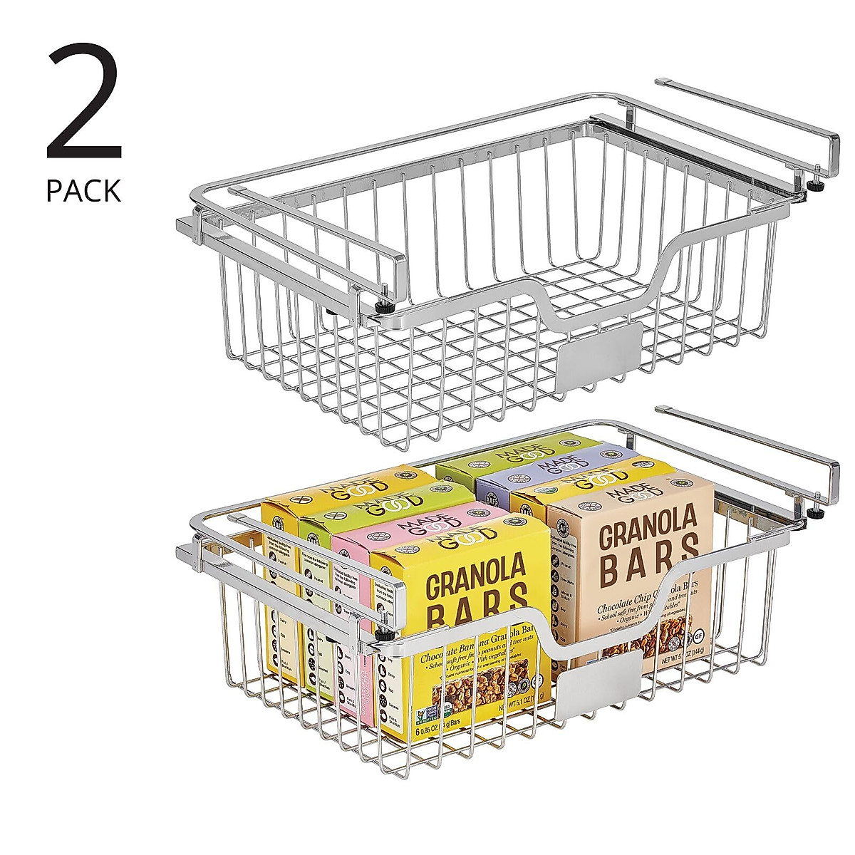 mDesign Wire Under Shelf Organizer for Cabinet - Sliding Basket for Under Cabinet Shelf - Hanging Storage Organizer Rack for Kitchen and Pantry with Label Space - Carson Collection - 2 Pack - Chrome