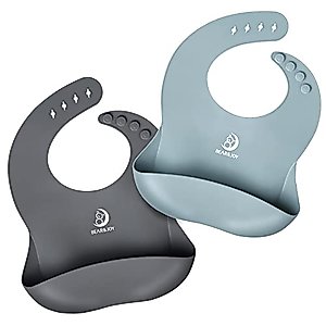 Bear&Joy Silicone Bibs for Babies, 2 Pack Baby Silicone Bibs, Soft Adjustable Fit Waterproof Bibs, Feeding Bibs with Food Catcher Pocket for Toddlers Girls Boys Kids