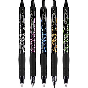 PILOT G2 Fashion Collection Colors Refillable and Retractable Rolling Ball Gel Pens, Fine Point, Silver/Pink/Blue/Orange/Green Design Barrels, Black Ink, 5-Pack (31373)