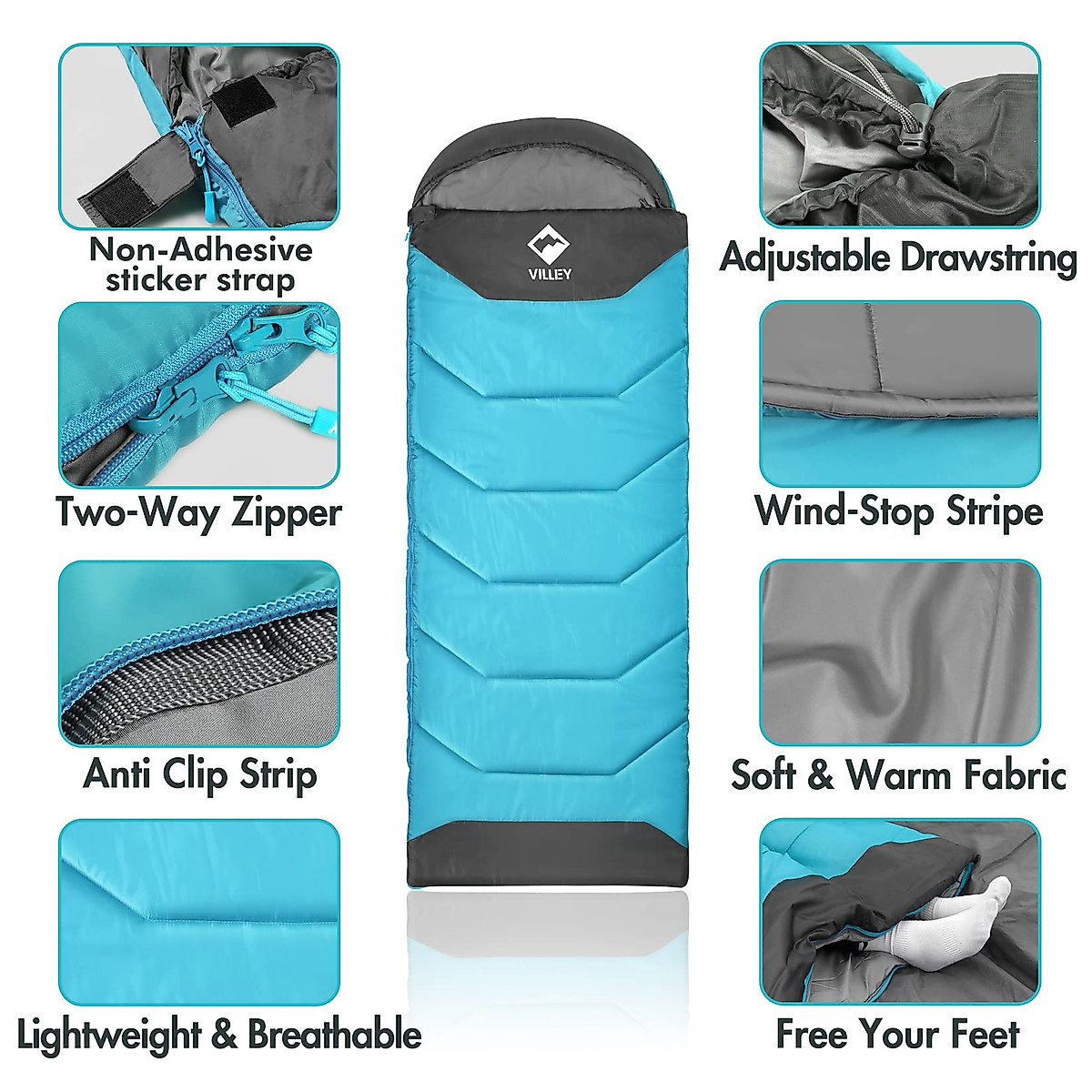 VILLEY Camping Sleeping Bag for Adults Boys and Girls, 3 Season Warm & Cool Weather - Summer, Spring, Fall, Lightweight Compact Backpacking Sleeping Bag for Outdoor, Traveling, Hiking