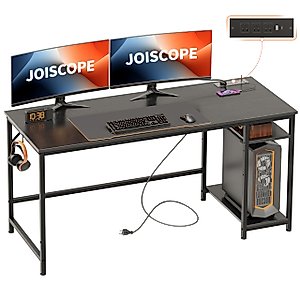 JOISCOPE Computer Desk with USB & Type-C Outlet, Home Office Desk with 2-Tier Storage Shelves, Modern Gaming Desktop Workstation, 60 inches, Black