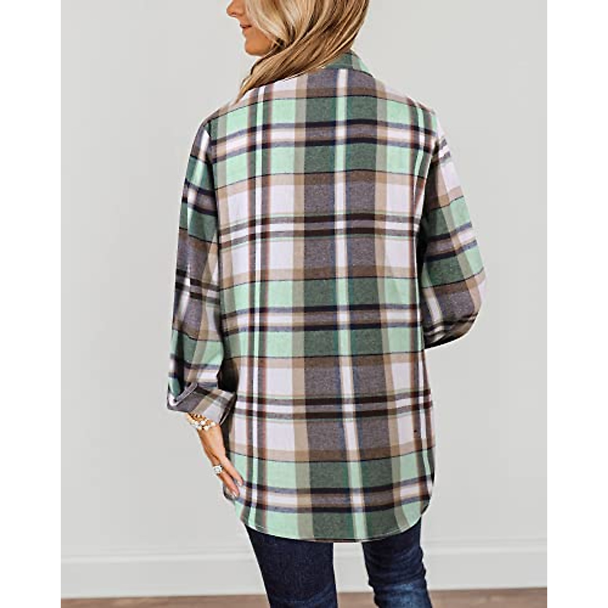 Hibluco Women's Fall Plaid Flannel Shacket Jacket Long Sleeve Button Down Shirt Light Green