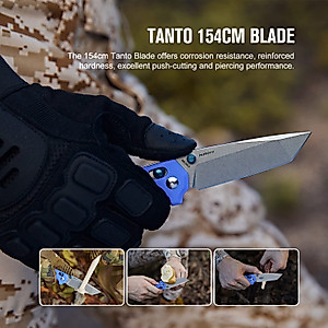 OKNIFE Rubato Pocket Knife, Tanto Style EDC Folding Knife with 154CM Stainless Blade and G10 Handle for Camping Indoor and Outdoor Activities (Blue)