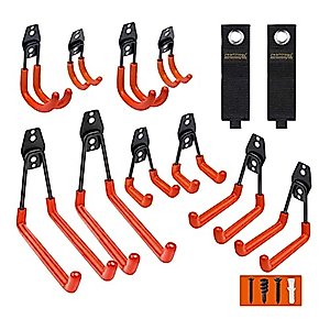 Garage Hooks, 12 Pack Wall Storage Hooks with 2 Extension Cord Storage Straps, Heavy Duty Tool Hangers for Utility Organizer, Wall Mount Holders for Garden Lawn Tools, Ladders, Bike (Orange)