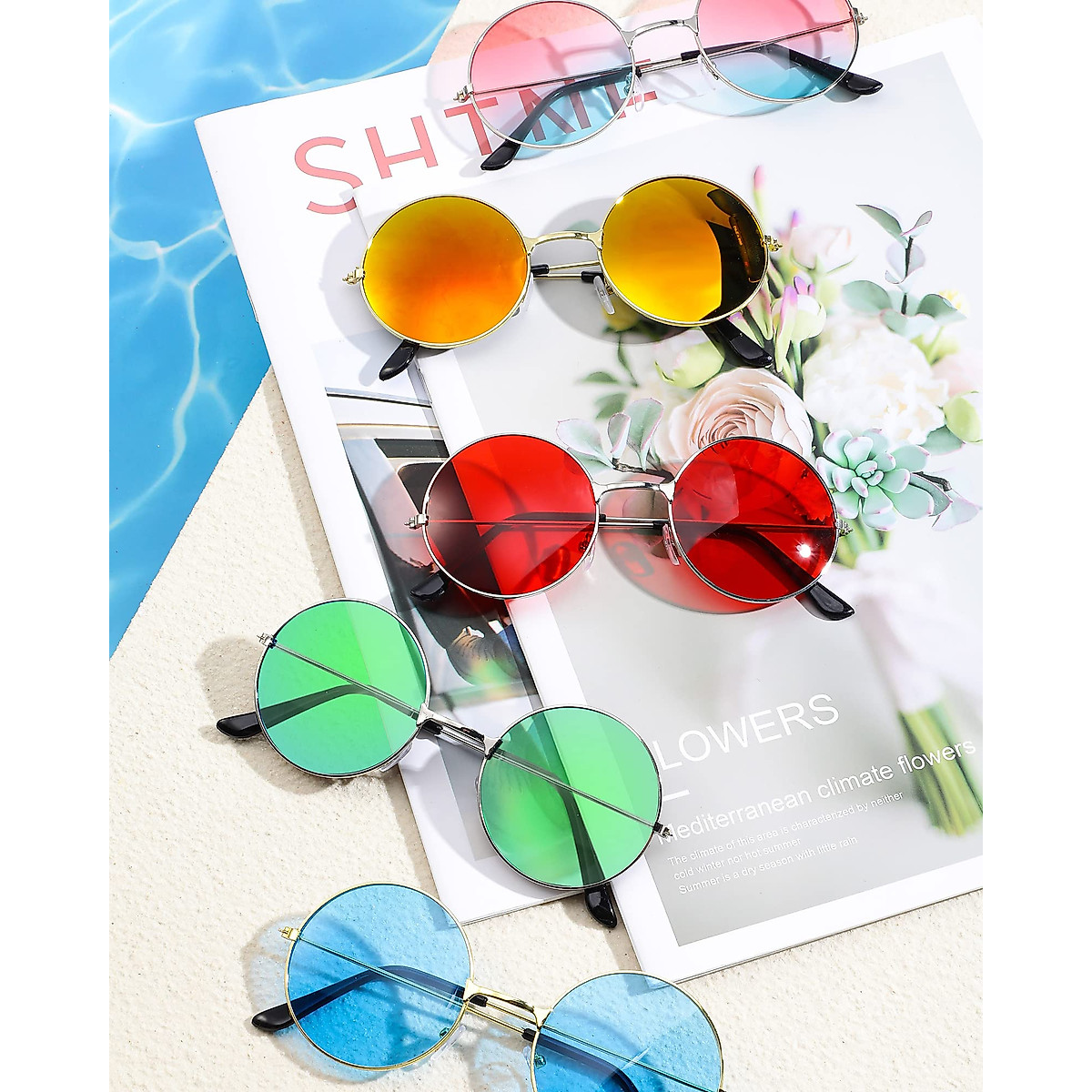 Weewooday 30 Pairs Round Hippie Sunglasses Retro Colored Hippie Glasses 60s 70s Trendy Sunglasses Metal Frame Circle Glasses Reflective Lens Sunglasses for Women Men, Multicolored