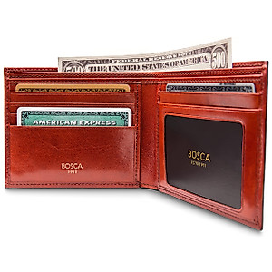 Bosca Men's Leather Wallet RFID Blocking - Bifold Executive Men's Wallet with 5 Card Slots, ID Window & Divided Currency Well - Genuine Old Leather, Ideal Gift Wallet for Men, Cognac Brown