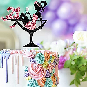 Sitting Girl Cake Topper Picks for Girl Lady 21st Birthday Makeup Spa Theme Party Decoration Supplies 21 Silhouette High Heeled Girl Cake Decor Rose Gold Glitter