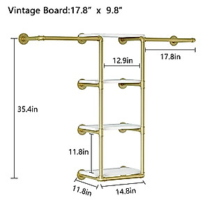 Wall Mounted Pipe Clothing Rack with Shelf,Gold Industrial Clothes Rack with 4 Tier Closet Bar Heavy Duty Iron Garment Rack, Retail Display Clothes Rod for Hanging Clothes,Laundry Room (Gold)