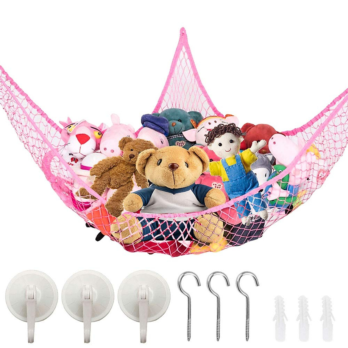 Toy Storage Hammock Net Wall Sling Corner Mesh Nets Stuffed Animal Organizer Storage Net Best for Keeping Rooms Clean for Kids Toys Toy is Durable and Easy to Install Pink