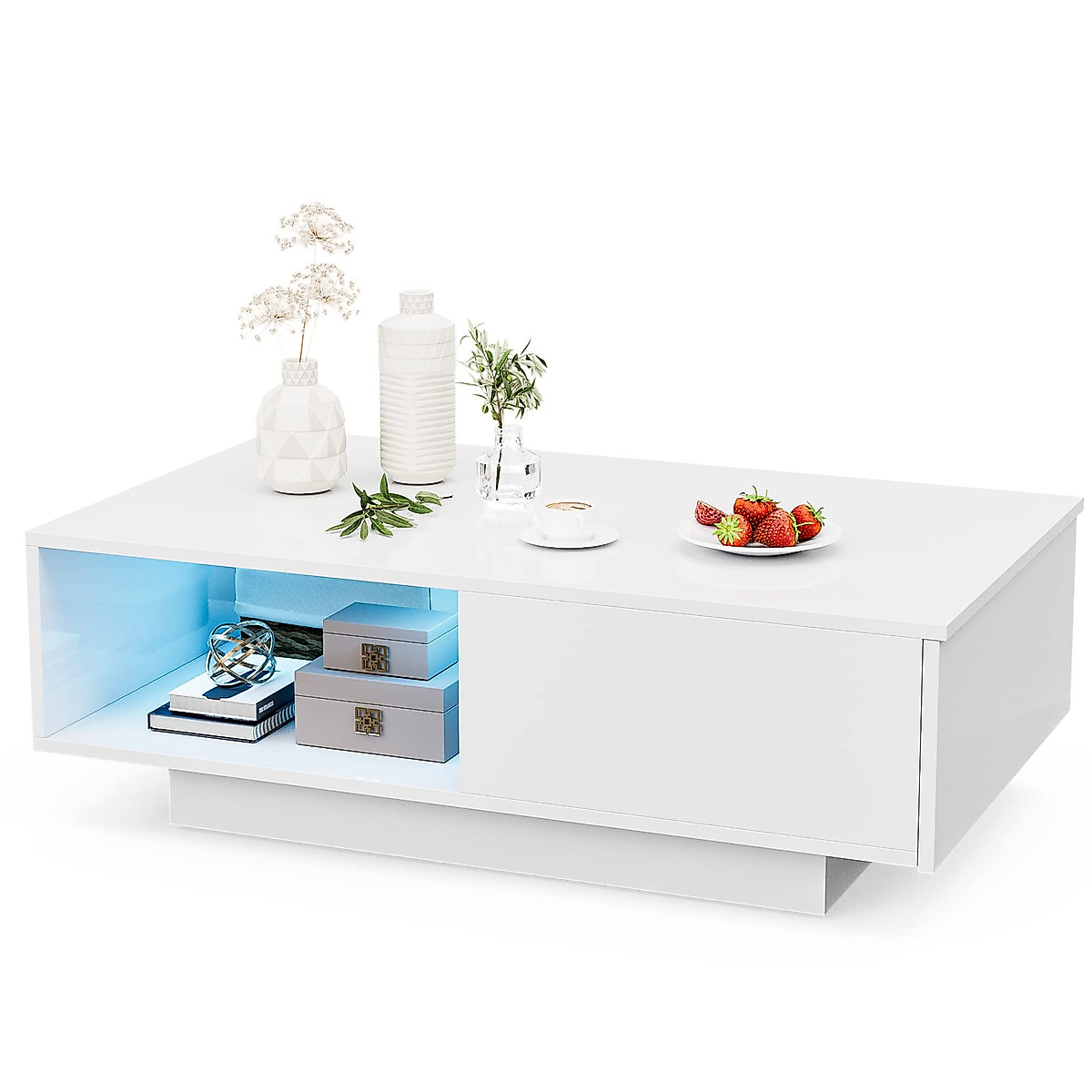 IKIFLY Modern LED Coffee Table with A Drawer, White High Glossy Coffee Table with 16 Colors LED Lights for Living Room