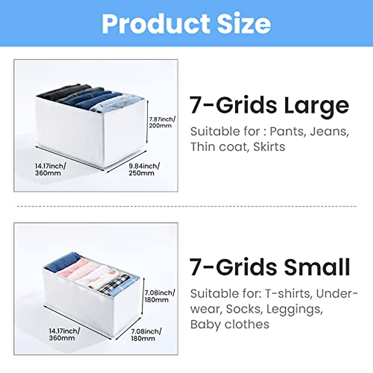 2 Packs Wardrobe Clothes Organizer,Upgrade PP Board Clothes Organizer for Folded Clothes,7 Grids Washable Drawer Organizers for Clothing for Jeans,Pants,T-shirts,Underwear,Socks,Leggings (Large)