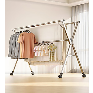 KitchLife Upgraded Clothes Drying Rack with Wheels, No Assembly Required, 63 Inches, Super Heavy Duty 201 Stainless Steel, Adjustable Foldable Laundry Drying Rack