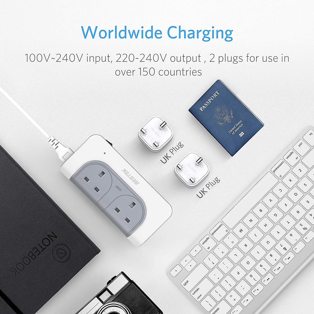 BESTEK 200W Voltage Converter 100V to 240V with 4-Port USB Charging All World Contries to US Travel Charger (White)