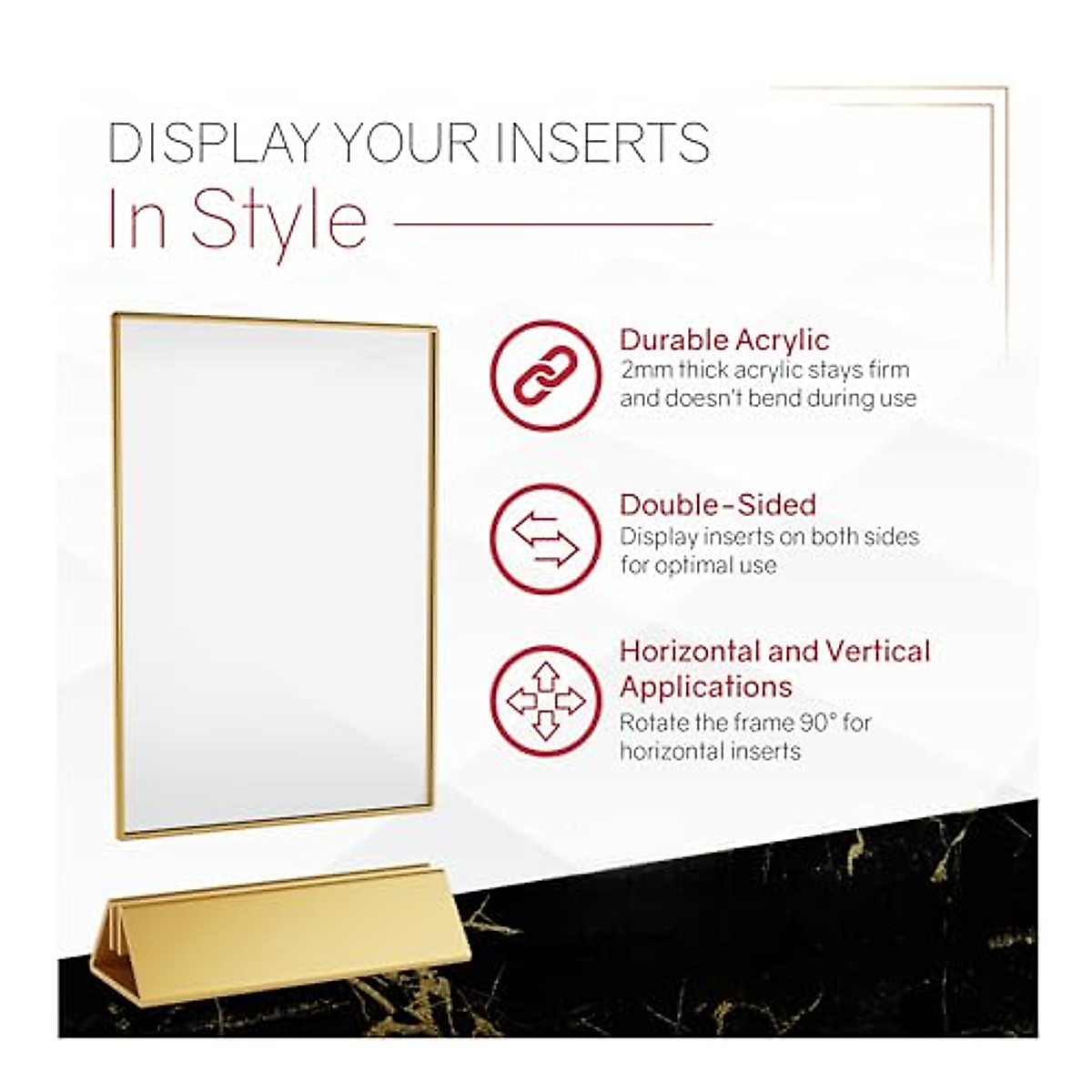 Prime Designs Gold 5x7 Picture Frame, Acrylic Sign Holder 5x7 with Gold Border for Restaurant, Gold Table Number Holders, Gold Frames 5x7, Clear Card Holder, Wedding Table Numbers, Double Sided Picture Frames, Vertical or Horizontal Anniversary Card holde