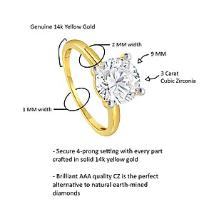 MAX + STONE 3 Carat Round Cubic Zirconia Solitaire Engagement Ring for Women | 14k Gold Engagement Ring | Simulated Diamond Ring | Yellow Gold CZ Engagement Ring Size 6