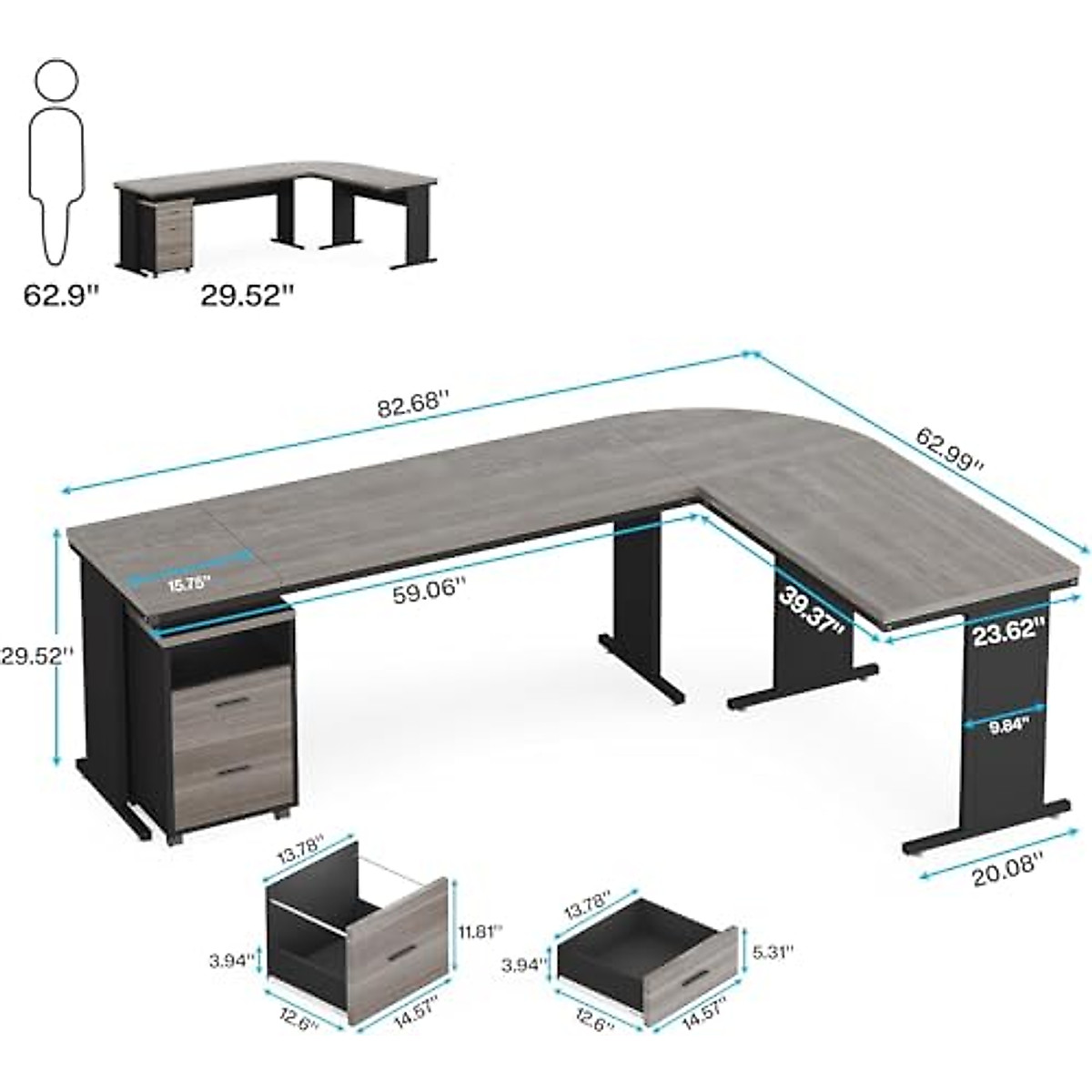 LITTLE TREE 82.67" Long Executive Desk with Drawers, Large L-Shaped Office Desk with Mobile File Cabinet, Farmhouse Computer Office Furniture Work Desk with Storage for Home Office, Gray