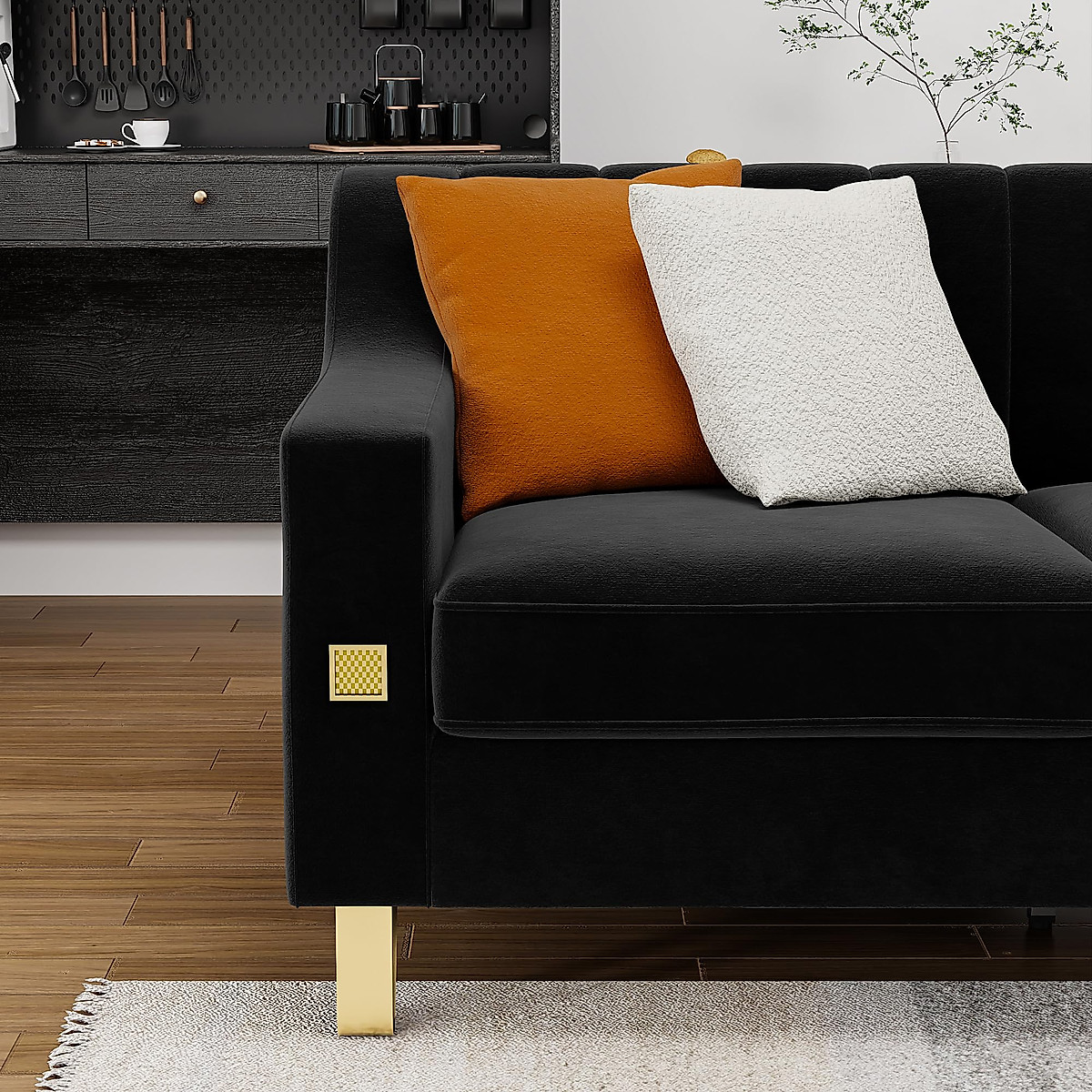 HenleneCoco 2 PCS Black Velvet Sofa Sets with 5 Pillows for Living Room Furniture, Modern Mid Century Tufted Classic Couches Set (1 PC Loveseat & 1 PC 3 Seater Couch)