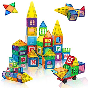 JUMAGA 3D Magnetic Tiles and Stack Building Toys 108pcs Magnet Blocks Set with Alphabet Card STEM Educational Preschool Birthday Gifts for Toddlers Kids Age 3+