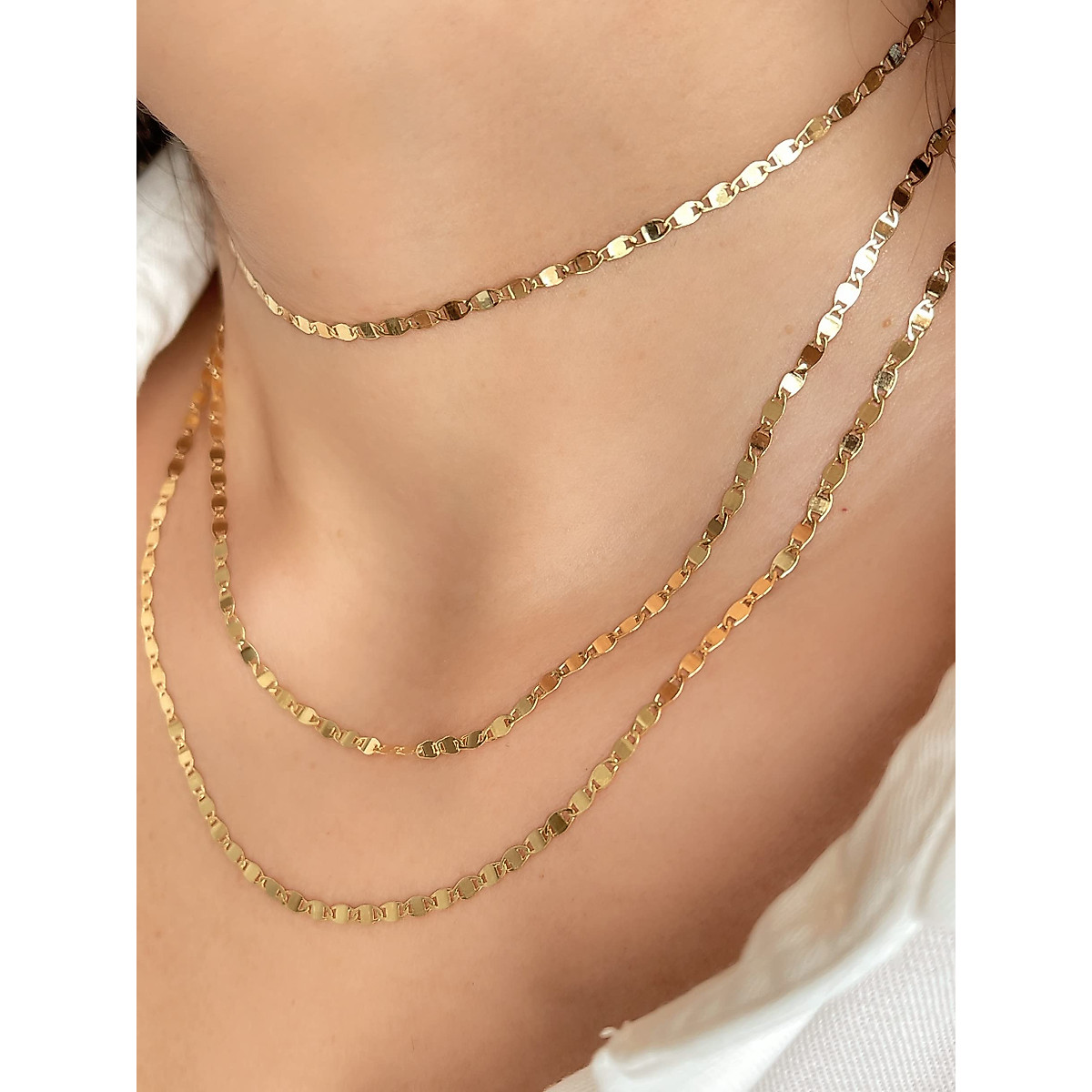 JEWELHEART Solid 14k Gold Chain Adjustable 13” To 17” Link Necklace For Women Mirror Valentino Gold Chain Flat Gold Choker Necklace Dainty Gold Collar Necklace