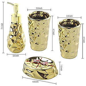 MyGift 4 Piece Luxurious Modern Gold Ceramic Bathroom Accessory Set, Gold Decor Bathroom Accessories, Toothbrush Holder Set with Soap Dish, Pump Dispenser and Tumblers