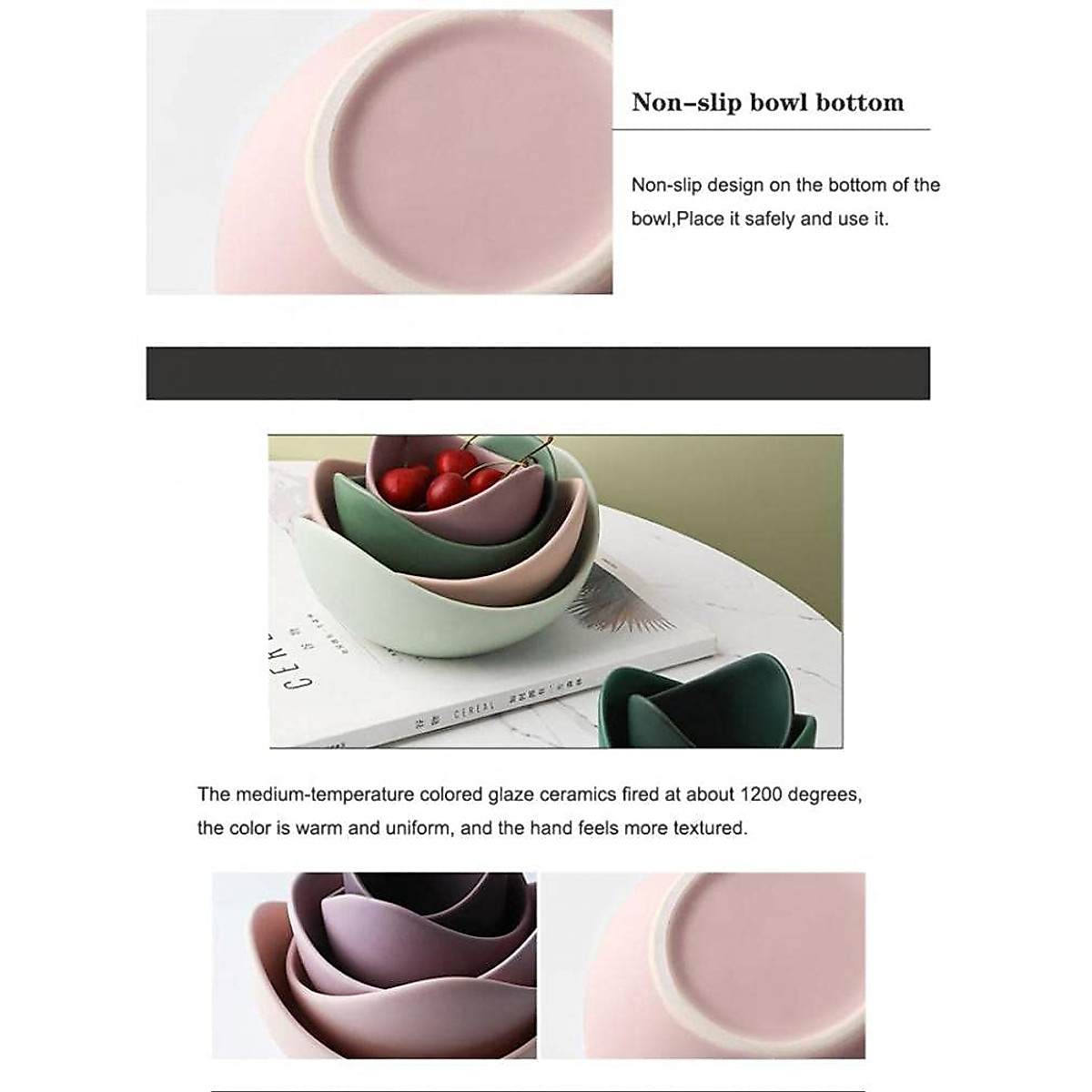 Set of 5 Lotus Ceramic Bowl Set, Decorative Porcelain Bowls Set for Salad, Oatmeal, Pasta, Fruit, Cereal, Soup, Rice, for Home Decor (Mint Green)