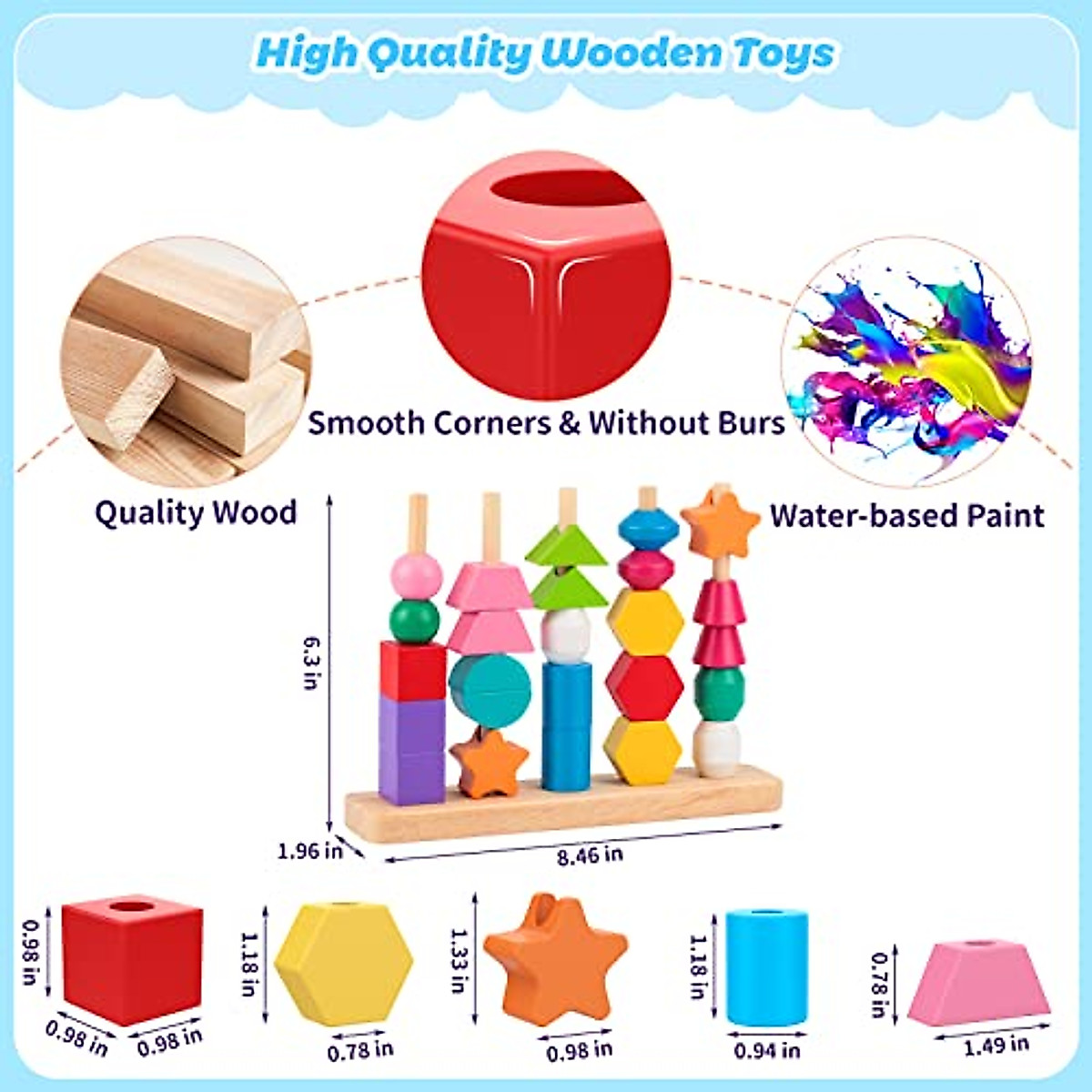 Montessori Wooden Beads Sequencing Toy Set, Stacking Blocks & Lacing Beads & Matching Shape Stacker, Montessori Toys for 2 3 4 5 Year Old STEM Preschool Learning Toys Gifts for Kids Boy Girl Toddler