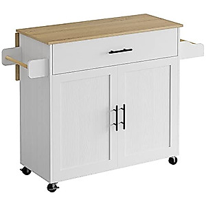 IRONCK Rolling Kitchen Island Table on Wheels with Drop Leaf, Storage Cabinet, Drawer, Spice Rack, Towel Rack, Kitchen Cart, White
