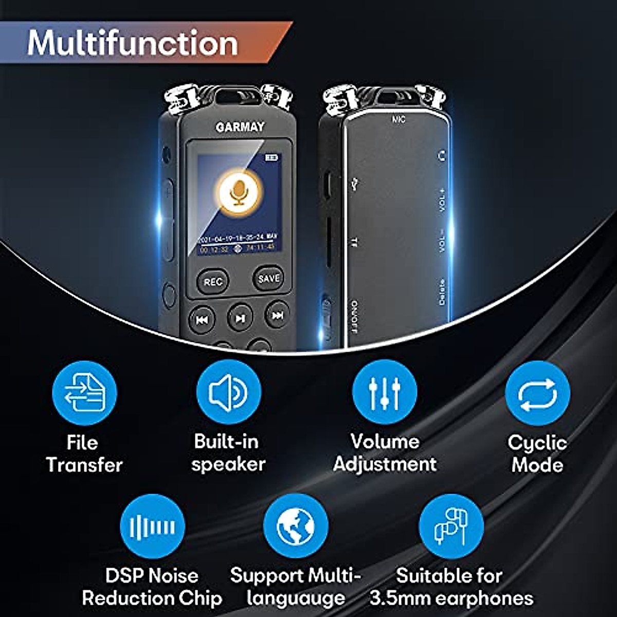 GARMAY Digital Voice Recorder Upgraded 48GB 1536KBPS 3343Hours Recording Capacity 32H Battery Time Voice Activated Recorder with Noise Reduction Audio Recorder with Playback for Meeting Lecture