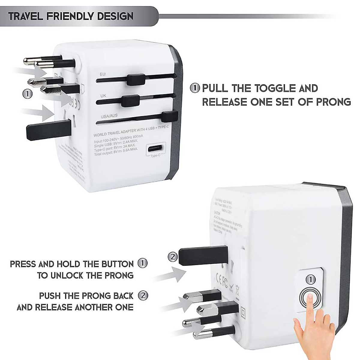 Power Plug Adapter - International Travel (w/5 USB Ports and USB Type C)- Work 150+ Countries - 220 Volt Travel Adapter - Type C A G I A/C - UK Japan China EU Europe European