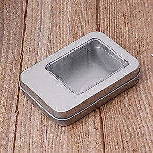 HELYZQ Rectangular Tin Silver Storage Box Case Organizer with Half Clear Window Lid