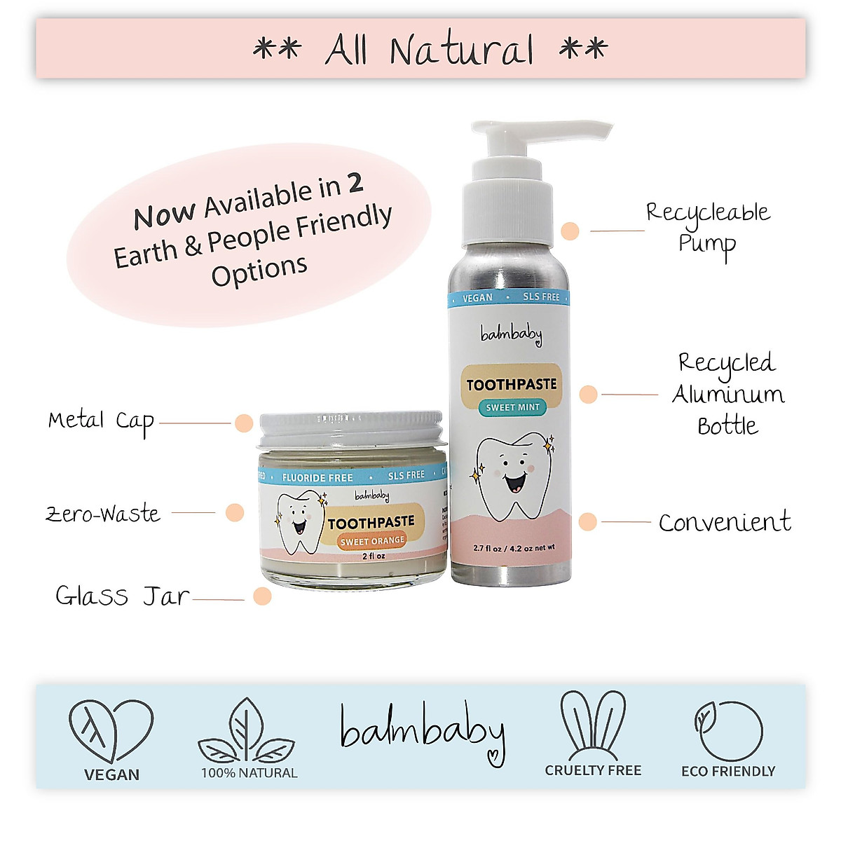 BALM! Baby Kids All Natural Fluoride Free Toothpaste with Xylitol, SLS Free, Vegan, Gluten Free, BPA Free, Zero Waste, Mint, 2 fl oz