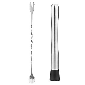 tifanso Muddler for Cocktails, 10" Muddler and Bar Spoon Cocktail Mixing Spoon, Stainless Steel Cocktail Muddler Stirrer, Cocktail Spoon Long Handle, Bar Accessories Tools for Mojitos Fruit Drinks