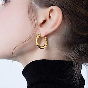 sovesi Chunky Hoop Earrings for Women with 925 Sterling Silver Post, 14K Gold Plated Thick Hoops, 30mm