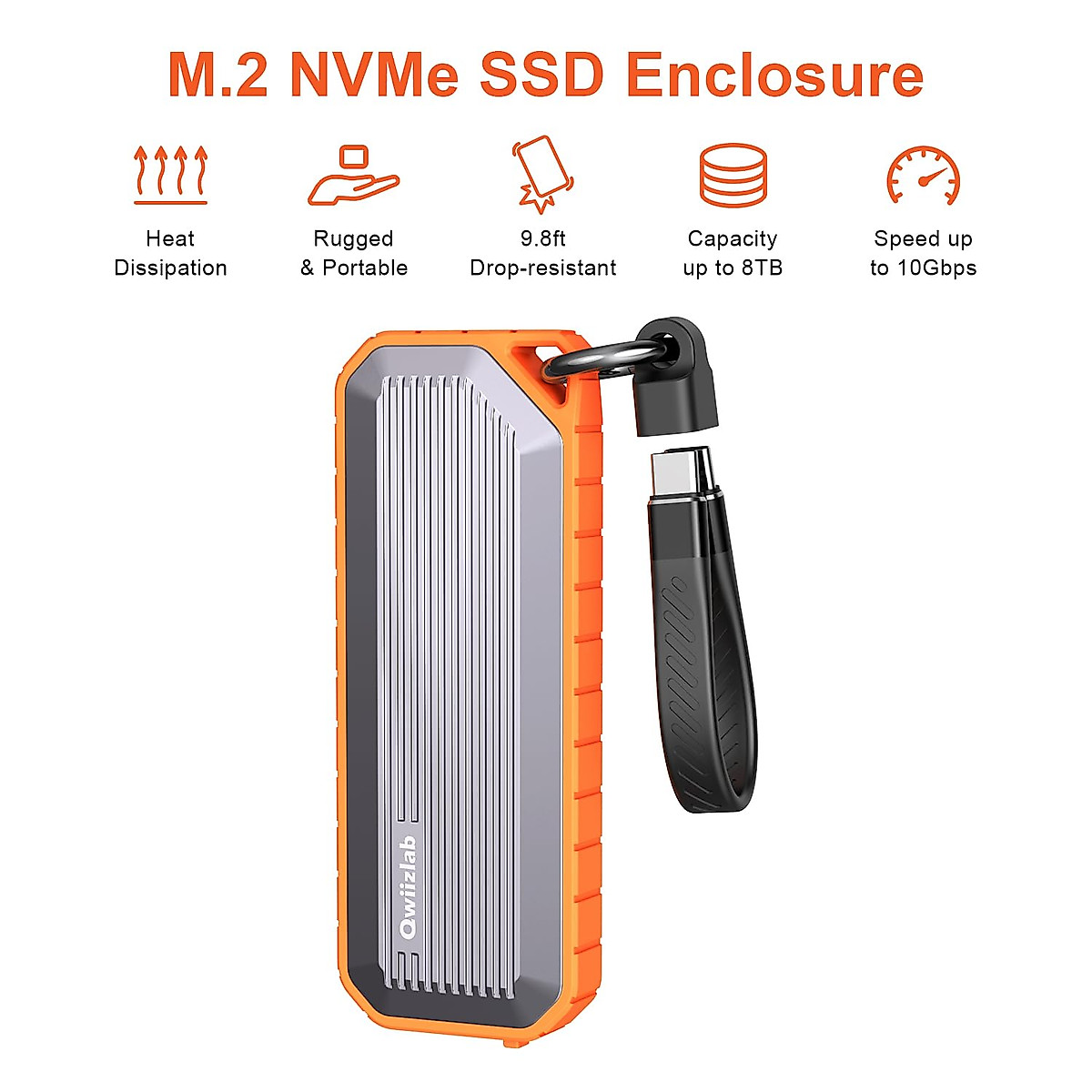 Qwiizlab Rugged M.2 SATA NVMe SSD Enclosure, USB 3.2 Type-C 10Gbps up to 8TB, Shock/Dust/Water Resistant, Fits 2280/2260/2242/2230 M-Key/(B+M) Key (Orange)