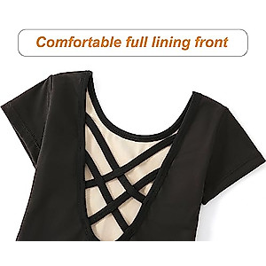 MdnMd Leotards for Girls Kids Dance Ballet Gymnastic Outfit Short Sleeve with Cross Back Detail (Black, Age 6-7)