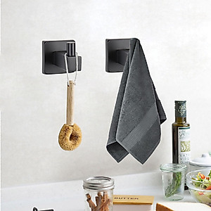 TocTen Bathroom Hook - 2 Pack Square Robe/Towel Hooks, 304 Stainless Steel Rustproof Coat Hook Wall Mounted, Heavy Duty Hanger Wall Hooks for Bathroom Kitchen Back Door Wardrobe(Matte Black)
