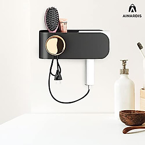 AINARDIS Hair Dryer Holder - Space Saving Bathroom Organizer Storage Caddy, Blow Dryer Cord Holder, Strong Adhesive Mount, Renter Friendly / No Damage, Hair Dryer Holder Wall Mounted, Stylish Gift.