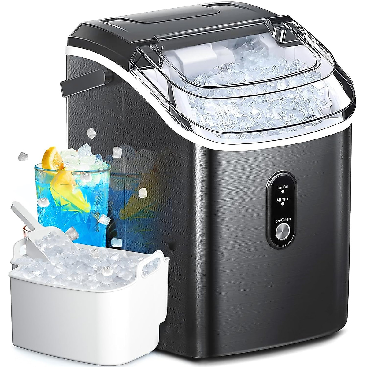 Nugget Ice Maker Countertop with Handle, 35lbs/Day, Portable Ice Maker Counter top with Chewable Ice, One-Click Operation, Compact Design Crushed Pellet Ice Maker for Home/Kitchen/Office(Black)