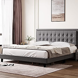 Senfot Full Size Bed Frame, Modern Upholstered Platform Bed with Button Tufted Headboard, Heavy Duty Metal Foundation with Wood Slats Supports No Box Spring Needed in Light Grey