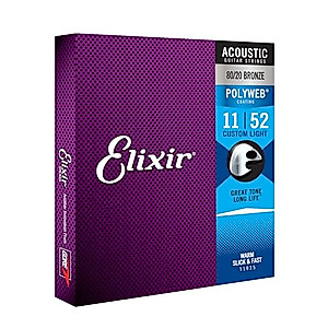 Elixir Strings, Acoustic Guitar Strings, 80/20 Bronze with POLYWEB Coating, Longest-Lasting Warm Tone with Comfortable Feel, 6 String Set, Custom Light 11-52