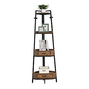 ELzEy Corner Shelf with Two Drawers Tall 4-Tier Industrial Bookcase Black